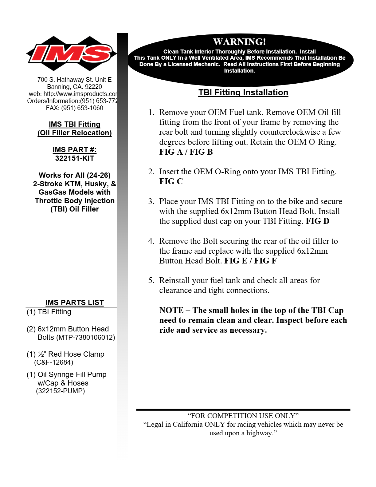 Low-Profile TBI Oil Fitting Replacement #322151-KIT – IMS Products